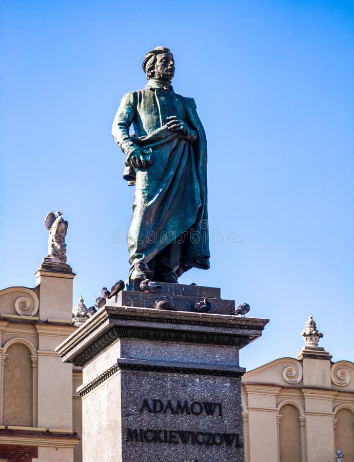 Adam Mickiewicz Monument in Krakow, Poland. Blue Sky. Editorial Photo ...