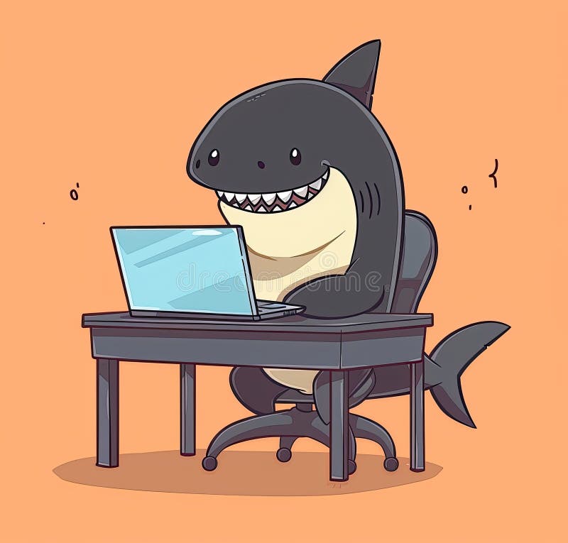 A Cartoon Shark Sitting Comfortably on a Chair, Typing on a Laptop ...