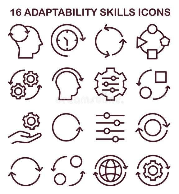 Adaptability Skill Icons Set. Quick Respond To Changes and Performance ...