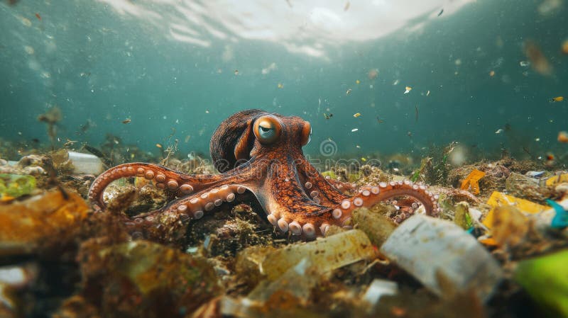 Adaptable Octopus Amidst Microplastics and Toxins, Hidden Threats Stock ...