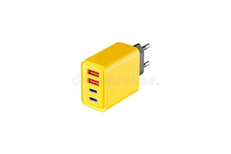 Adapter for Charger with USB and Type C Connector, Yellow, on Isolated ...