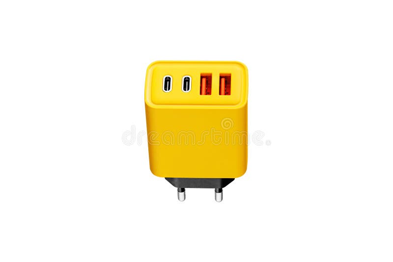 Adapter for Charger with USB and Type C Connector, Yellow, on Isolated ...