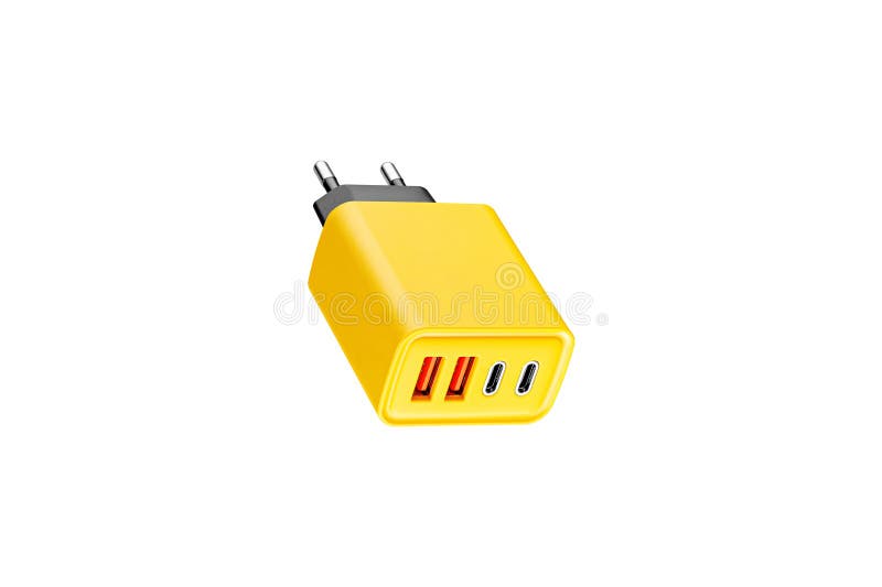 Adapter for Charger with USB and Type C Connector, Yellow, on Isolated ...