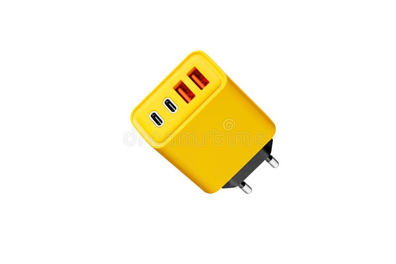 Adapter for Charger with USB and Type C Connector, Yellow, on Isolated ...