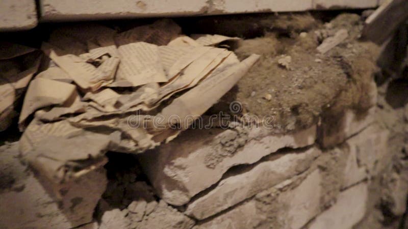 Close-up Demolition: Crumbling Brick Wall, Metal, Cardboard. Stock ...
