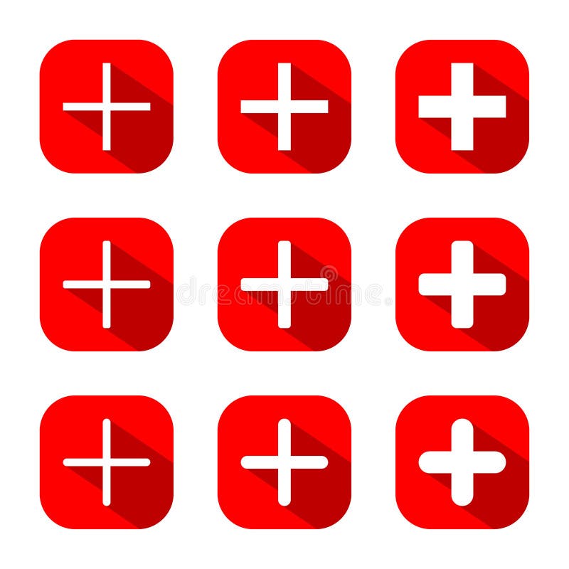 Add Icon Set Collection on Red Square. Plus Button Vector with Long ...