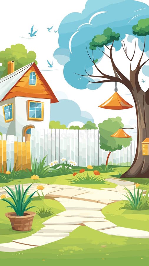 Vector Artwork of Backyard Cartoon Illustration Landscape Wallpaper ...