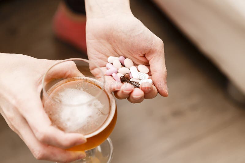 Addict Problem, Woman with Pills and Beer in Hands. Stock Image - Image ...