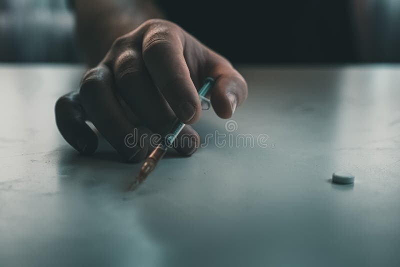 Addict at the Table with a Syringe Heroin Methamphetamine Addiction ...