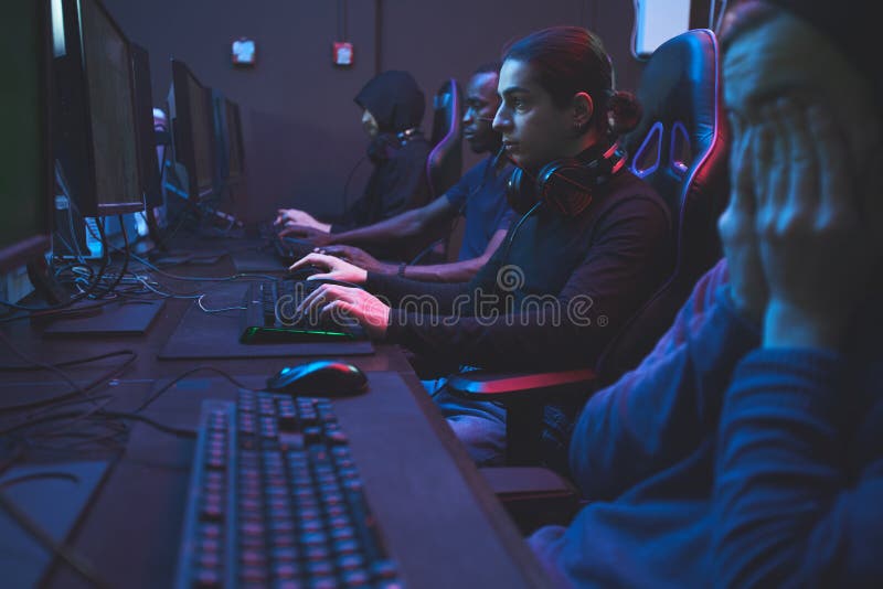 Addicted Gamers in Computer Club Stock Image - Image of mouse ...