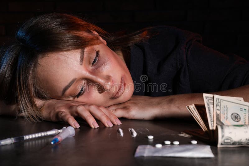 Addicted Woman at Table with Drugs Stock Image - Image of dependence ...