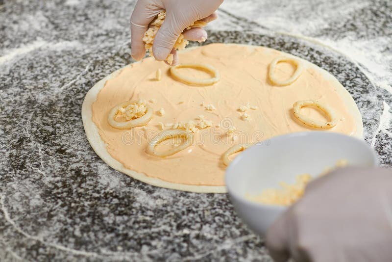 Adding Chopped Cheese To Dough Basis. Stock Photo - Image of bakery ...