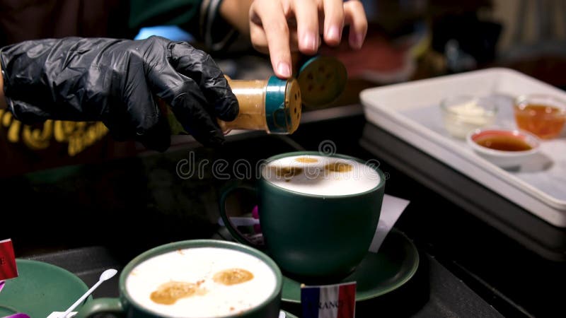 Adding Cinnamon in Coffee. in a Restaurant in the Kitchen To Cook Stock ...