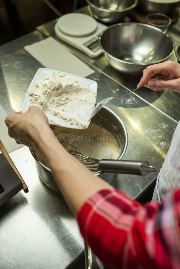 Adding flour to the pan stock image. Image of chef, kitchen - 129125625