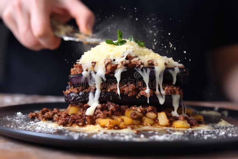 Adding Grated Cheese on Top of Moussaka Stock Illustration ...