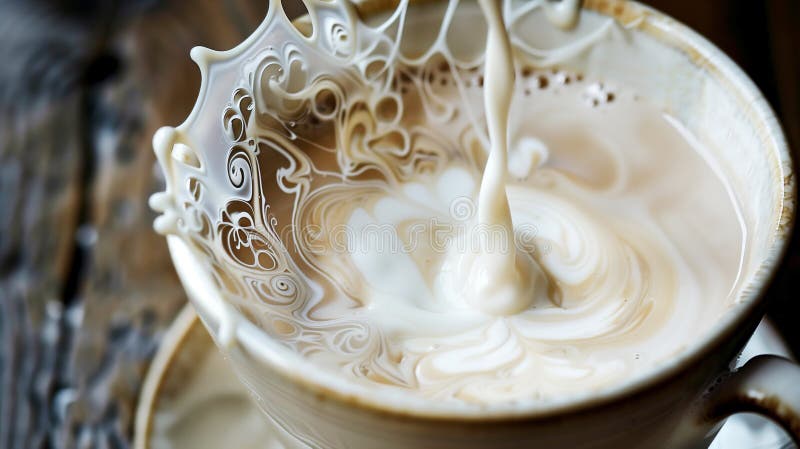 Adding Milk To Coffee. Splashes of Milk Forming Patterns and Swirls ...
