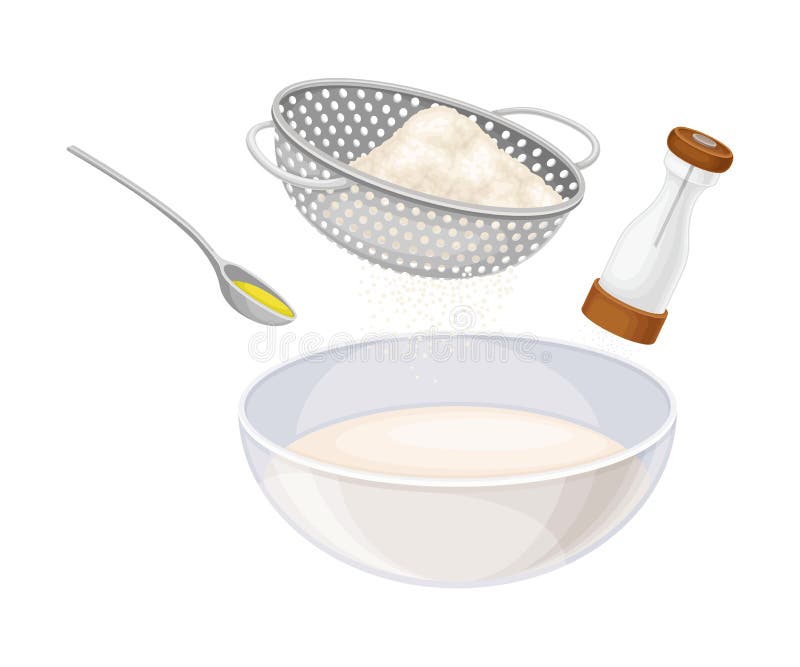 Adding and Mixing Ingredients in Bowl for Cooking Bread Vector ...