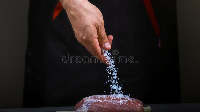 Adding Salt by Chef Hands. Cooking Beef Steak Fillet. Steps Process ...