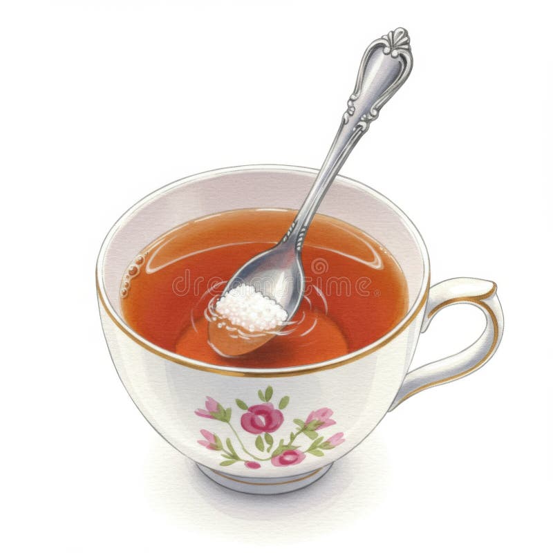 Adding Sugar To Tea in a Rose-Patterned Cup Stock Illustration ...