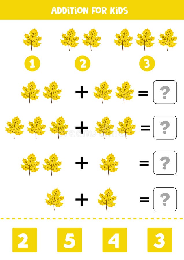 Addition for Kids with Cute Hand Drawn Maple Leaf Stock Vector ...