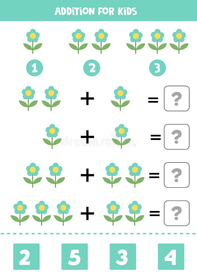 Addition for Kids with Cute Blue Flower. Stock Vector - Illustration of ...