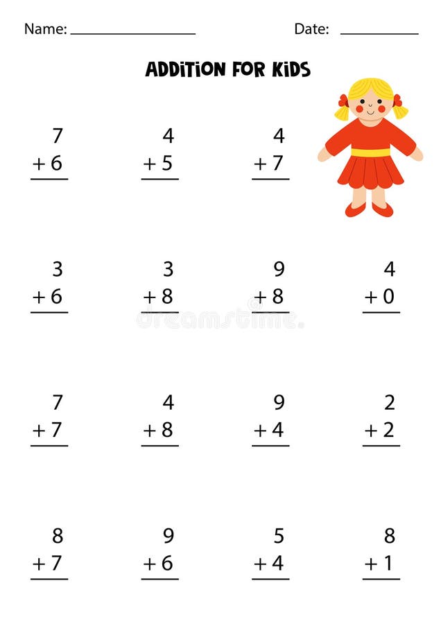 Addition with Cute Doll in Red Dress. Educational Math Game. Stock ...
