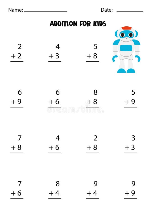 Addition with Cute Toy Robot. Educational Math Game for Kids. Stock ...