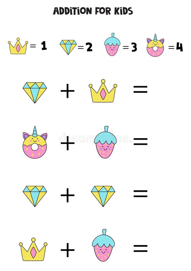 Addition for Kids with Cute Cartoon Elements. Stock Vector ...