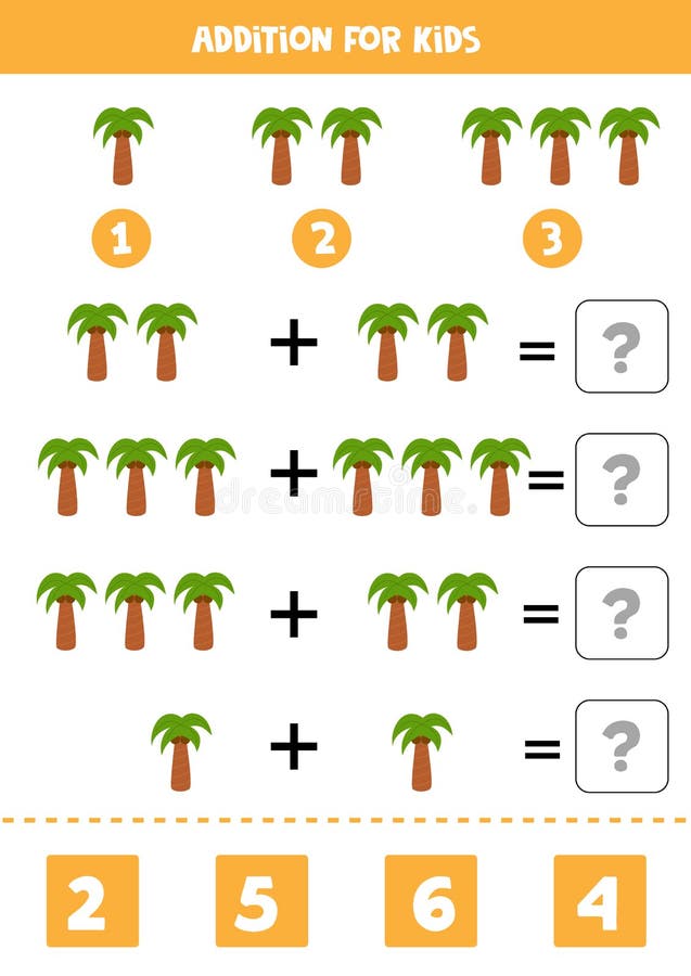Addition Game with Cartoon Palm Tree. Math Game for Kids. Stock Vector ...