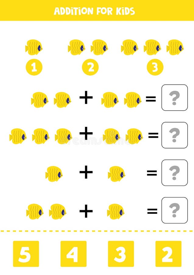 Addition Worksheet with Cartoon Fish. Math Game. Stock Vector ...
