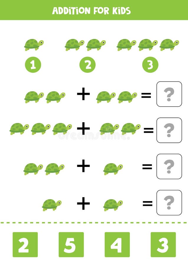 Addition Worksheet with Cartoon Turtle. Math Game. Stock Vector ...