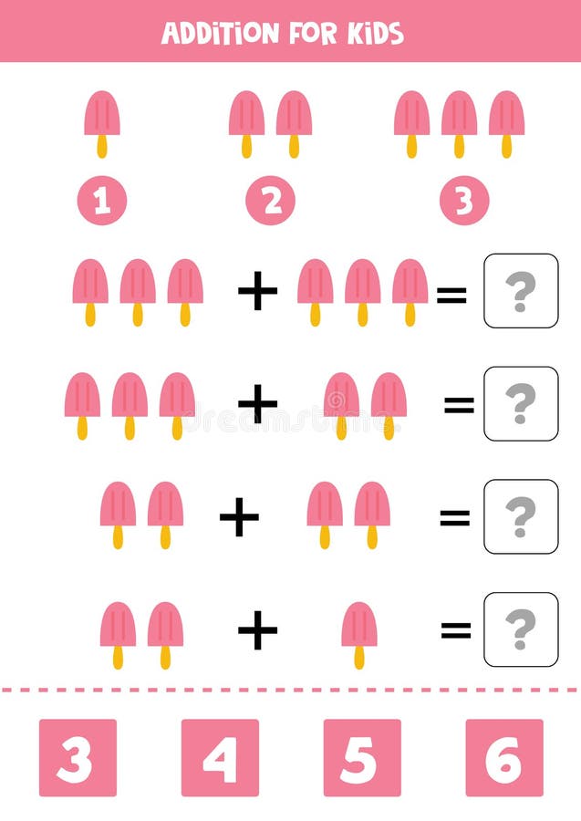 Addition for Kids with Cartoon Pink Ice Cream. Stock Vector ...