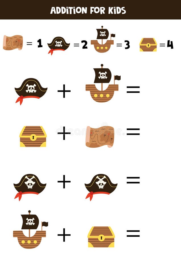 Addition for Kids with Cartoon Pirate Elements. Stock Vector ...