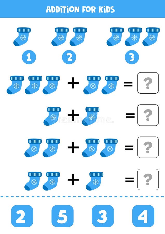 Addition for Kids with Cute Cartoon Blue Sock. Stock Vector ...