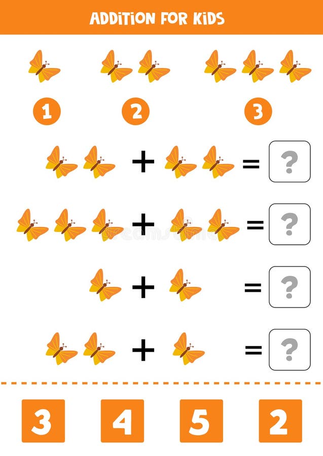 Addition for Kids with Cute Cartoon Butterfly Stock Illustration ...