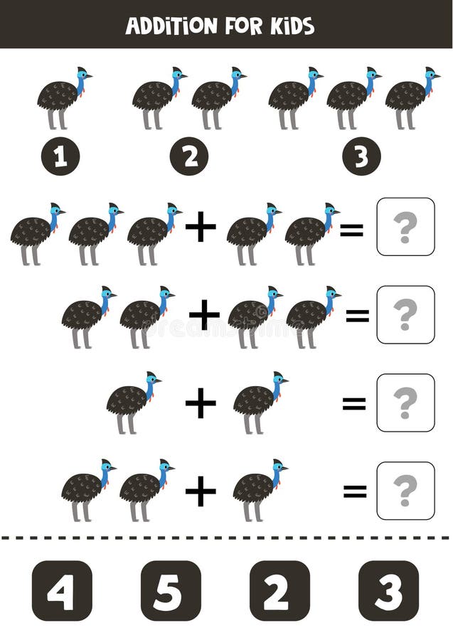 Addition for Kids with Cute Cartoon Cassowary. Stock Vector ...