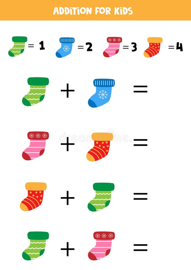 Addition for Kids with Cute Cartoon Colorful Socks. Stock Vector ...