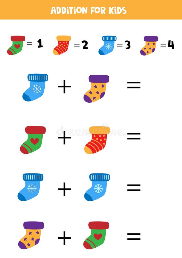 Addition for Kids with Cute Cartoon Colorful Socks. Stock Vector ...