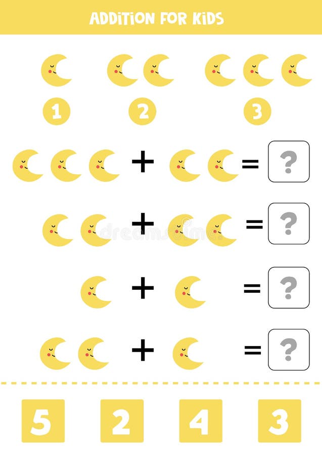 Addition for Kids with Cute Cartoon Crescent Stock Vector ...