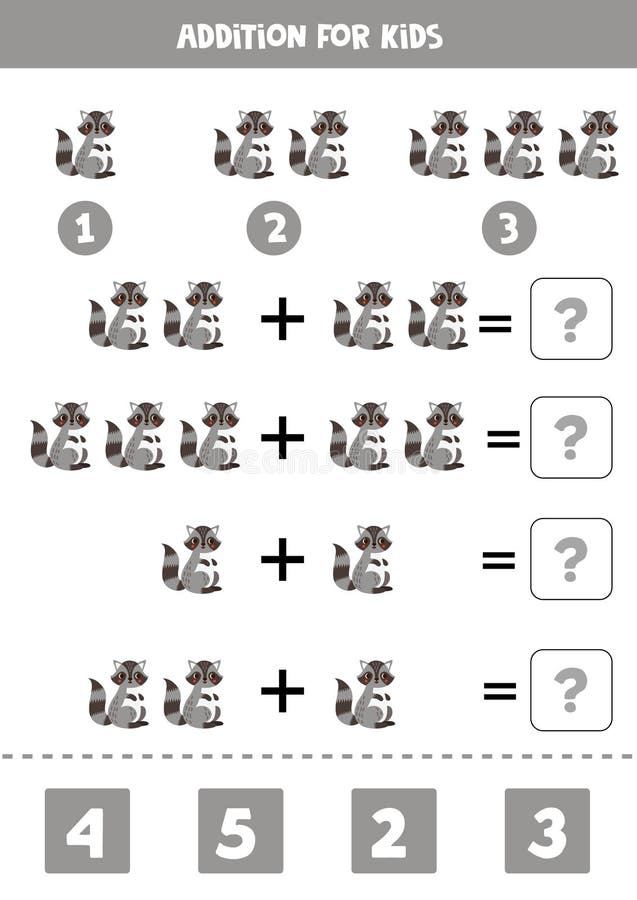 Addition for Kids with Cute Cartoon Raccoon Stock Illustration ...