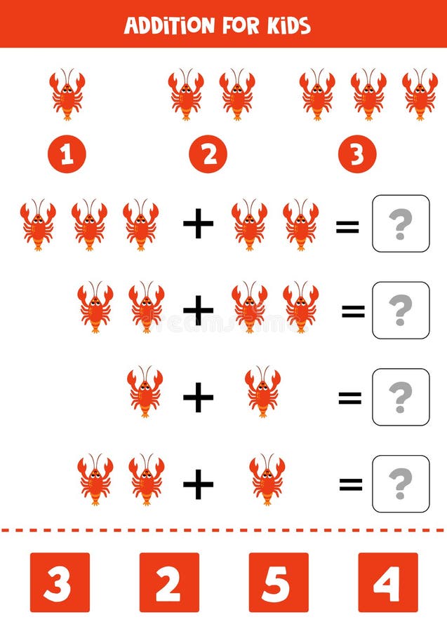 Addition for Kids with Cute Cartoon Red Lobster Stock Vector ...