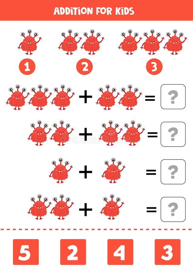 Addition for Kids with Cute Cartoon Red Monster. Stock Vector ...