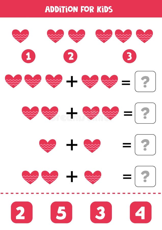 Addition for Kids with Cute Flat Pink Heart. Stock Vector ...