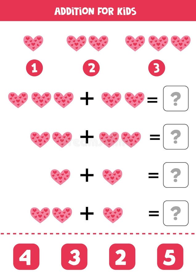 Addition for Kids with Cute Flat Pink Heart. Stock Vector ...