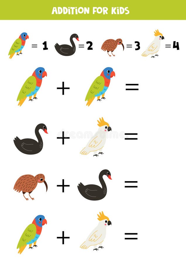Addition for Kids with Different Cute Australian Birds. Stock Photo ...