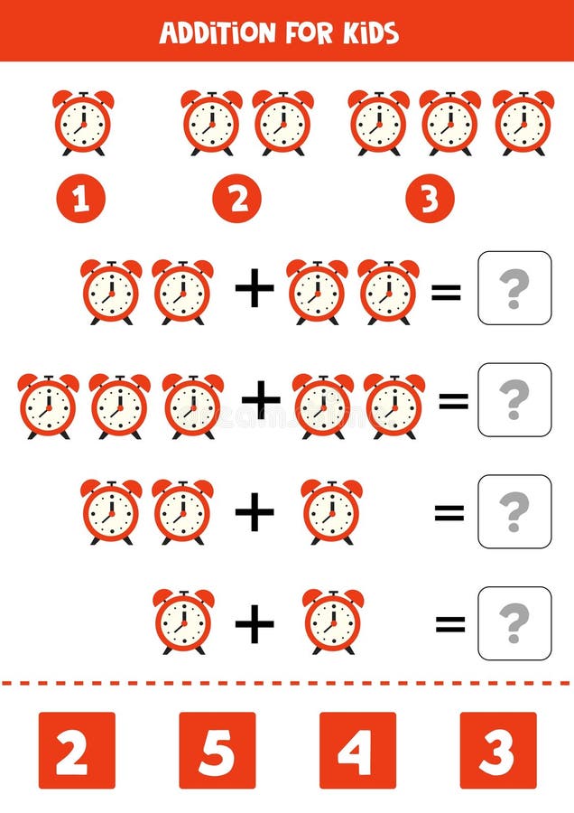 Addition for Kids with Different Cute Cartoon Alarm Clock. Stock Vector ...