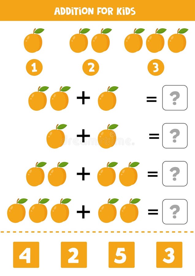 Addition for Kids with Different Cute Cartoon Apricot. Stock Vector ...