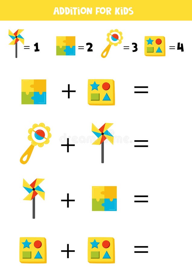 Addition for Kids with Different Cute Cartoon Toys. Stock Vector ...