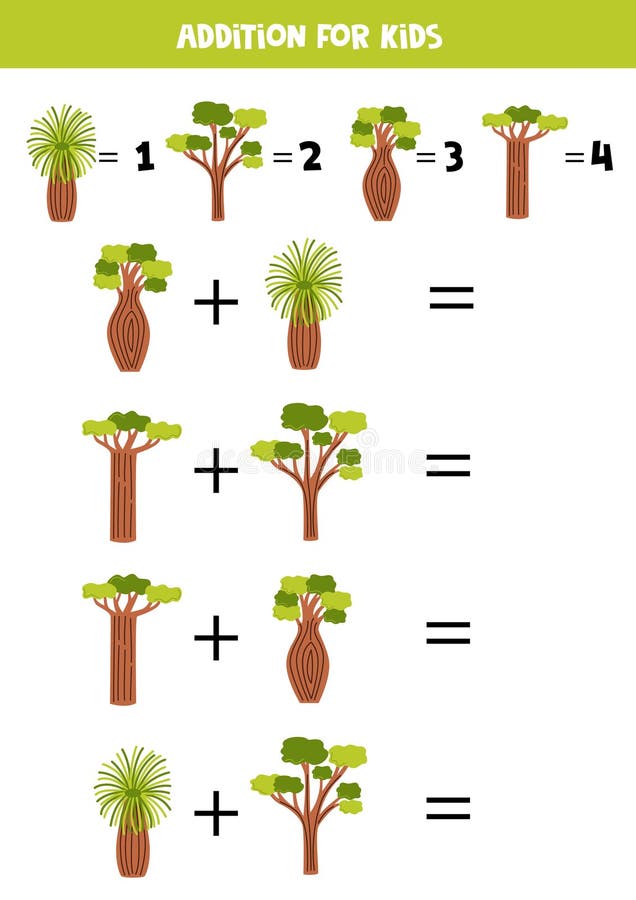 Addition for Kids with Different Cute Hand Drawn Tropical Trees. Stock ...