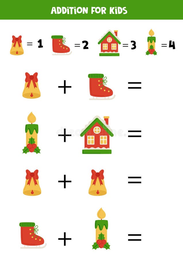 Addition for Kids with Hand Drawn Christmas Items Stock Vector ...